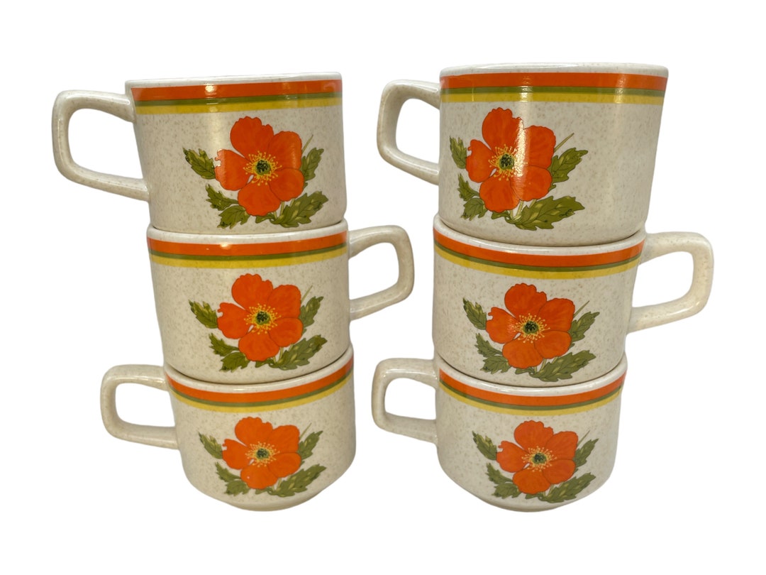 Vintage Temper-ware by Lenox Fire Flower Coffee Cups Set of Six Orange ...