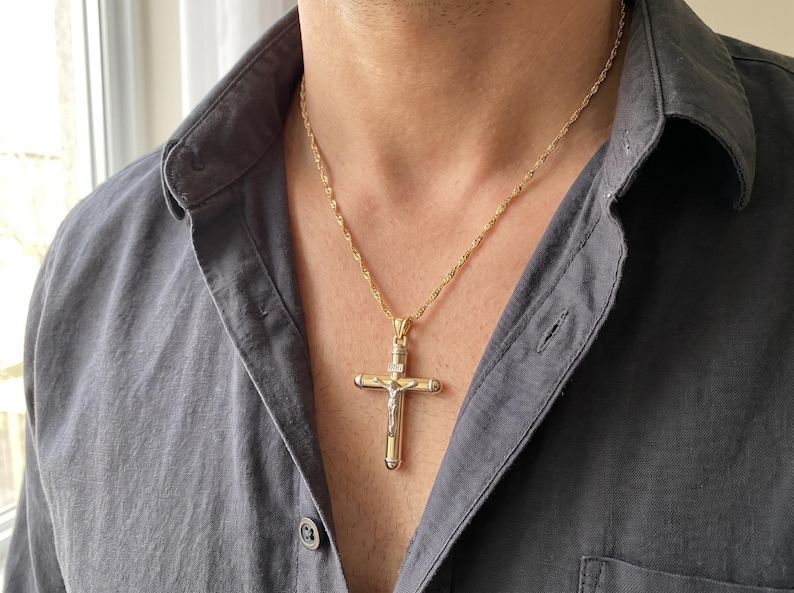 14K Solid Gold Two-tone Crucifix Necklace, INRI Cross Pendant, Wheat ...