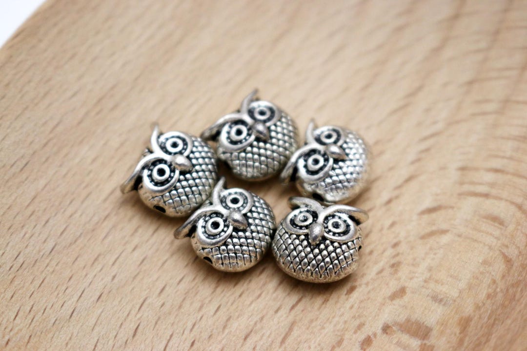 5 - Antique Silver Puffed Owl Beads - Heavy Owl Spacer Beads -10x10x6mm ...