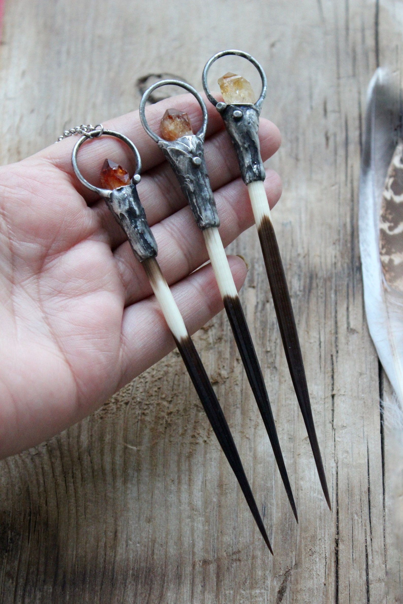 PORCUPINE Quill and Citrine Crystal Quartz Necklace Boho | Etsy
