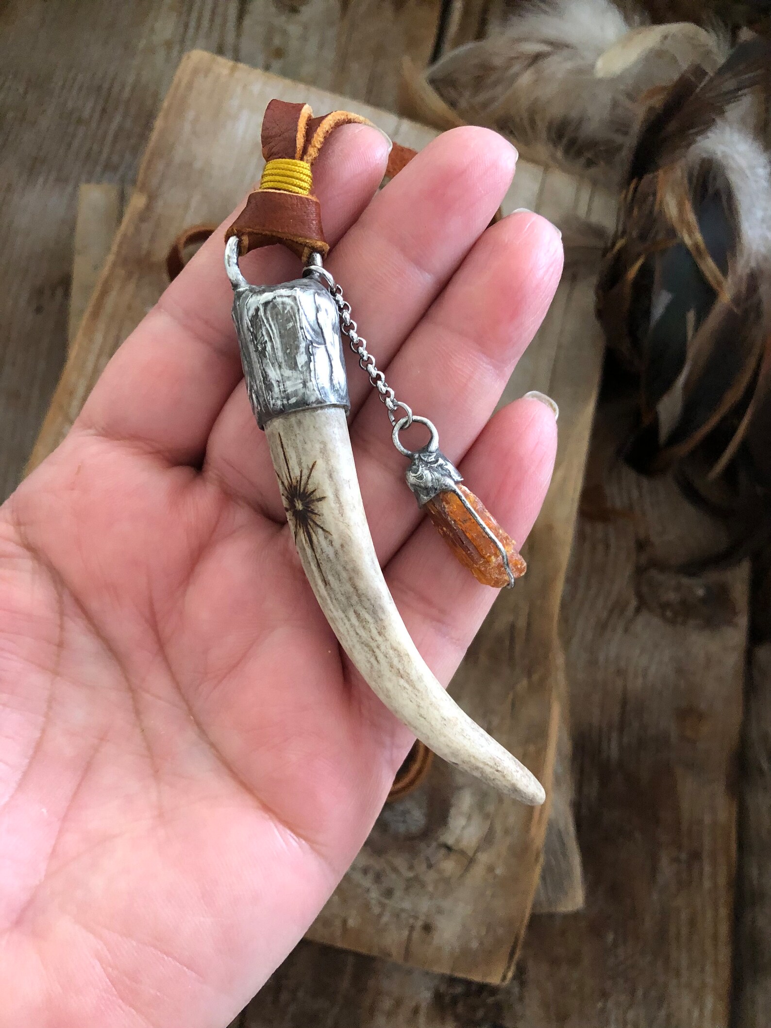 Deer Antler Tip With Raw Orange Kyanite Sacred Piece Boho Rustic Style ...