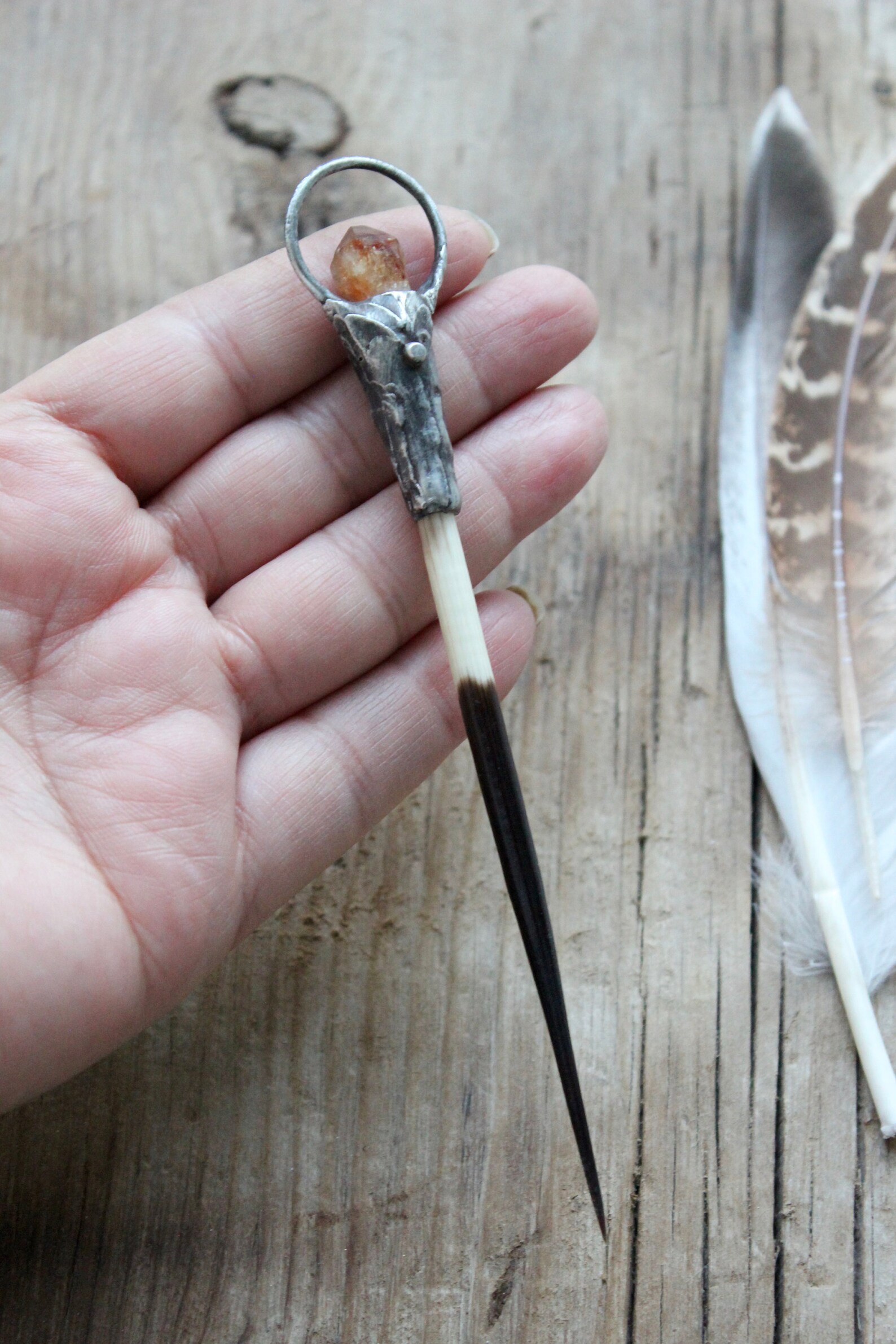 PORCUPINE Quill and Citrine Crystal Quartz Necklace Boho | Etsy