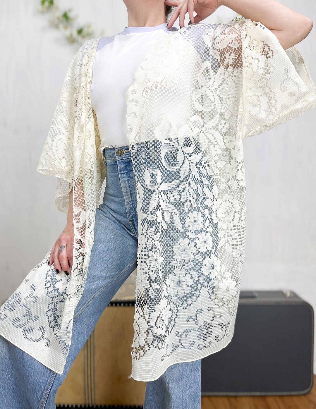 Cream Lace Robe Upcycled Vintage Lace Oversized Sheer Cover up Robe ...