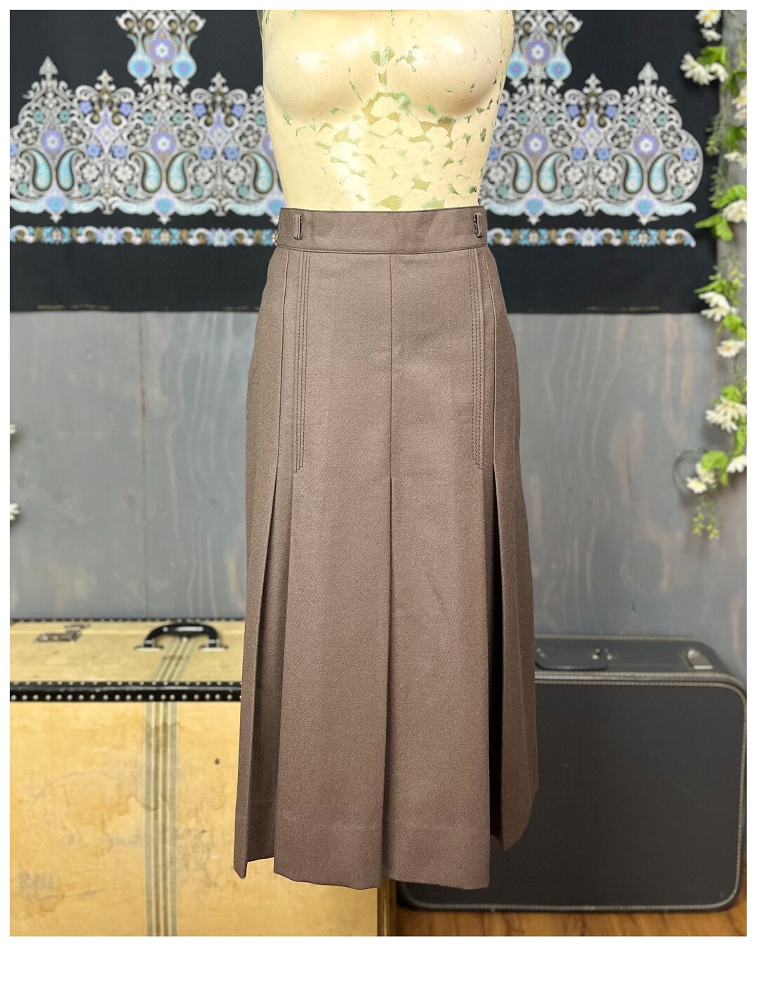 Pleated Secretary Skirt Vintage 70's Taupe Brown Women's Skirt Below ...