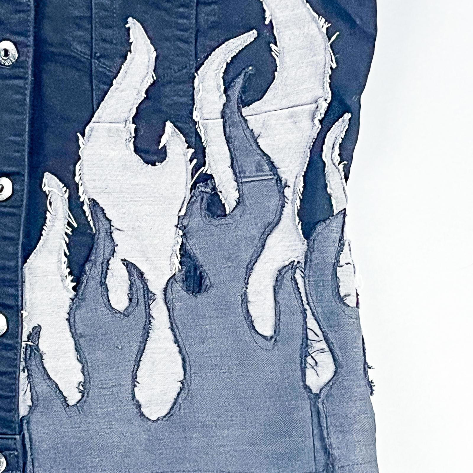 Frayed Flame Appliqué Denim Jacket Vest – Upcycled Two-tone Statement ...