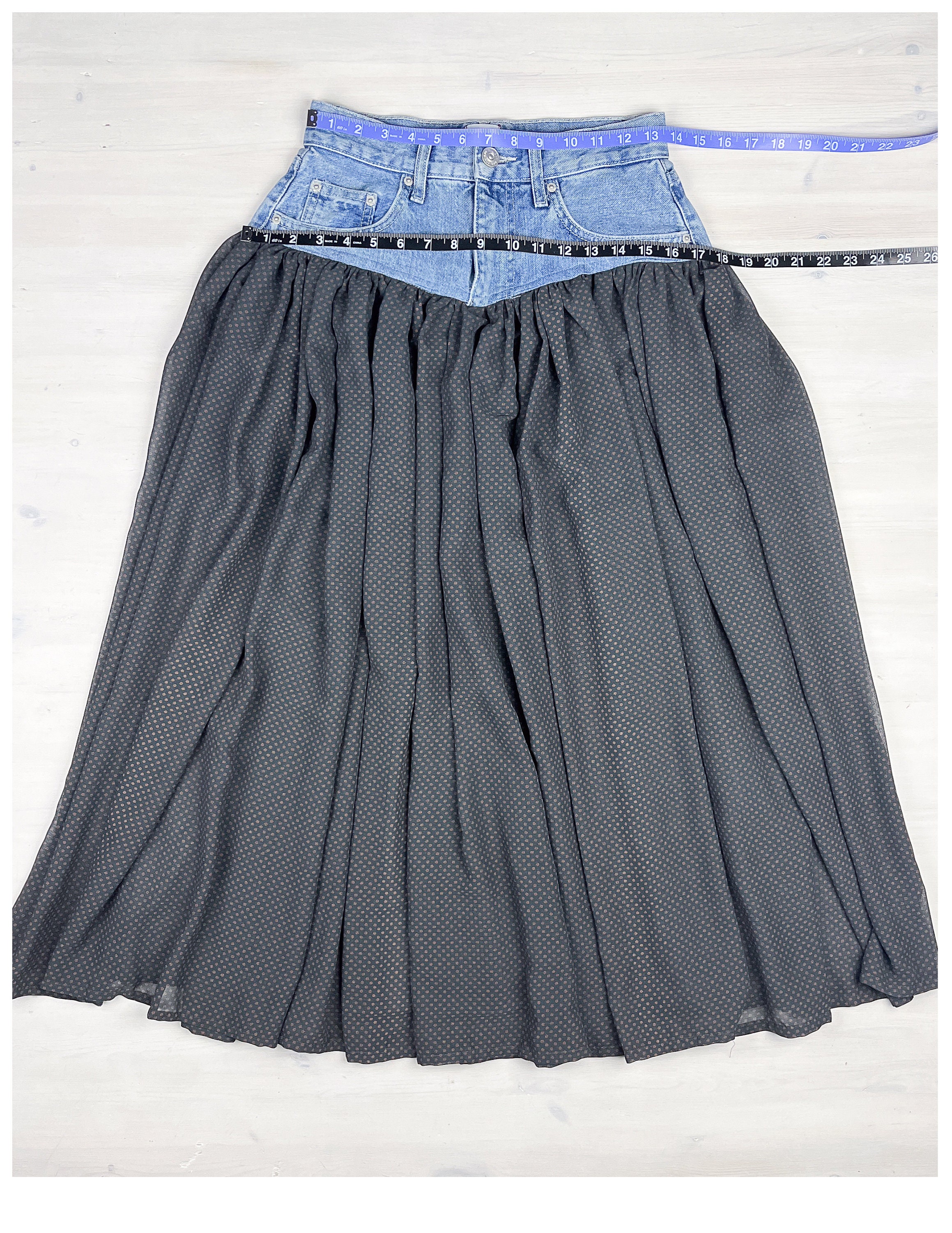 Maxi Broom Skirt | Upcycled Denim & Sheer Gathered Chiffon Skirt, Micro ...