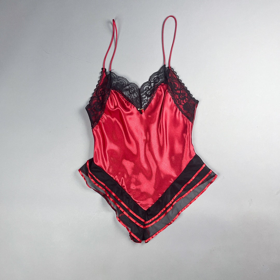 Vintage Lingerie Bodysuit | 80's Black Lace & Red Satin Body Suit ...