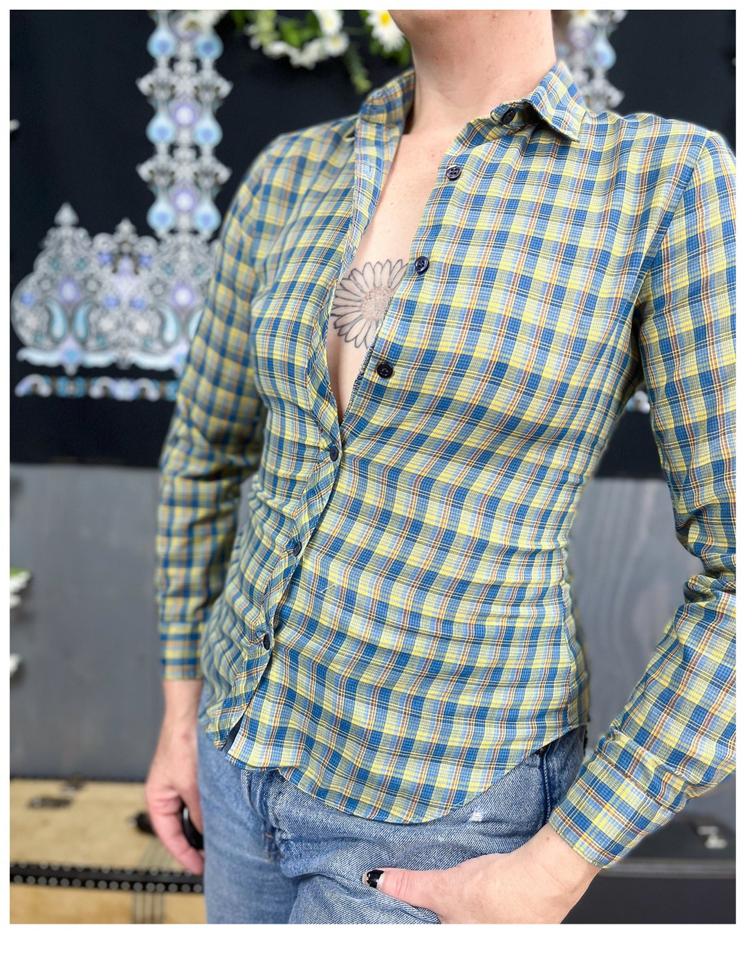 Vintage Plaid Shirt 80's Women's Green Blue Long Sleeve Shirt with ...