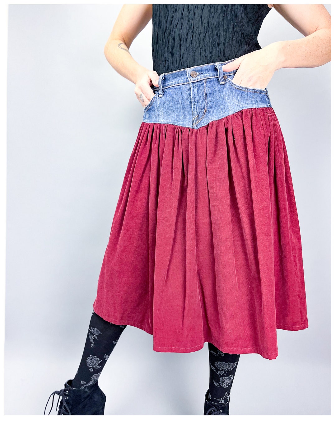 Midi Broom Skirt Upcycled Denim & Cranberry Corduroy - Etsy