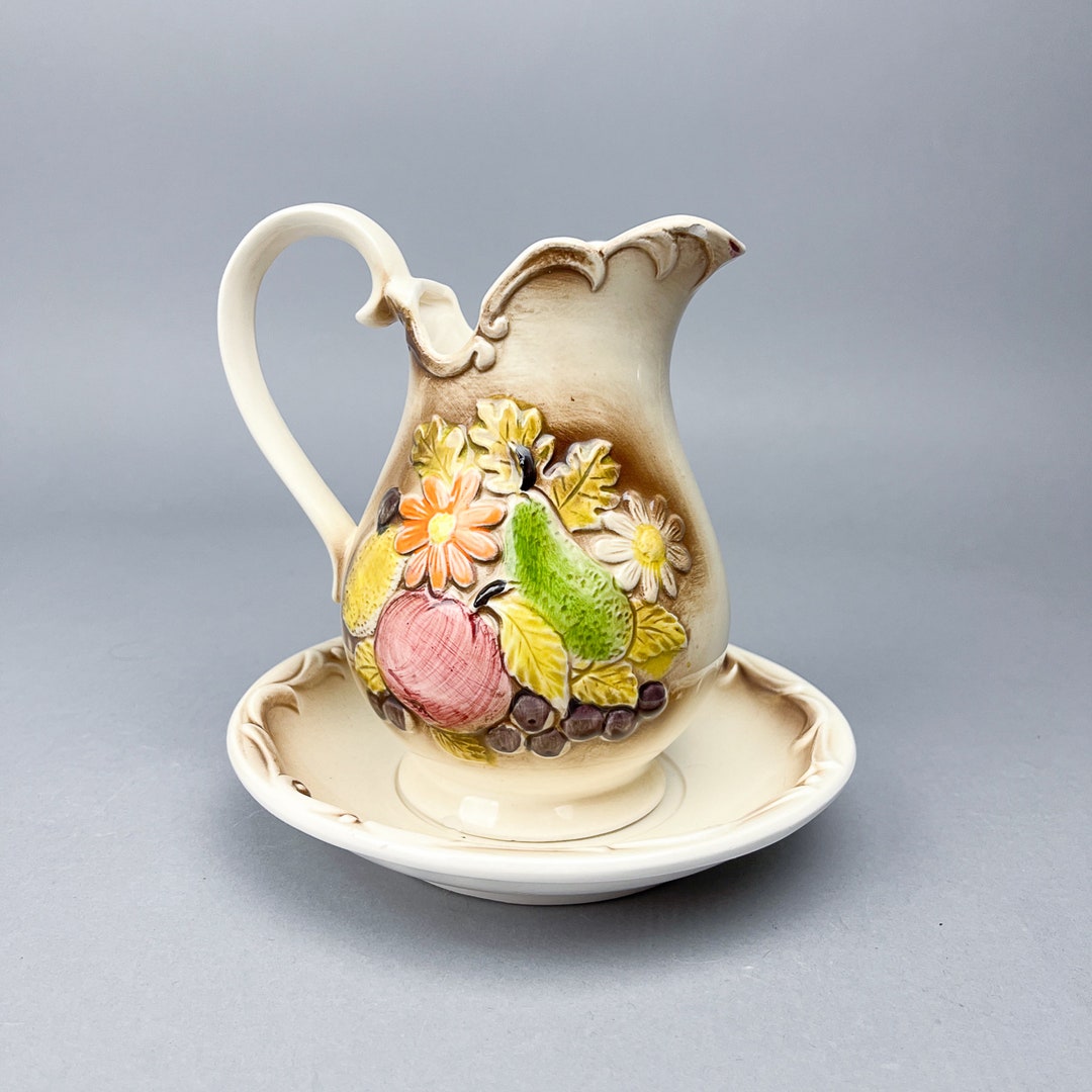 Vintage Ceramic Pitcher 70's Beige Pitcher & Saucer With Floral ...