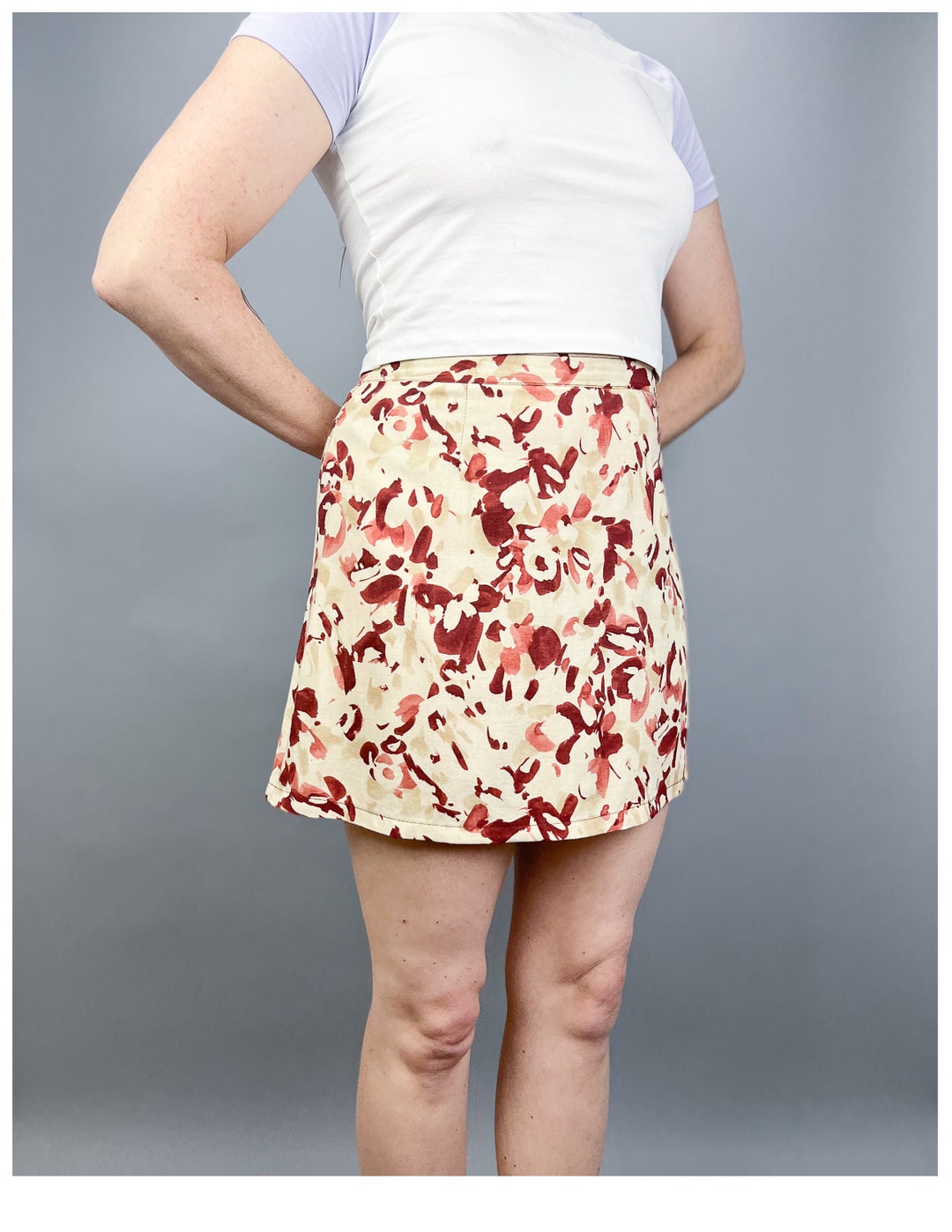 Floral Mini Skirt Vintage 90's Cream & Burgundy Abstract Floral Print ...