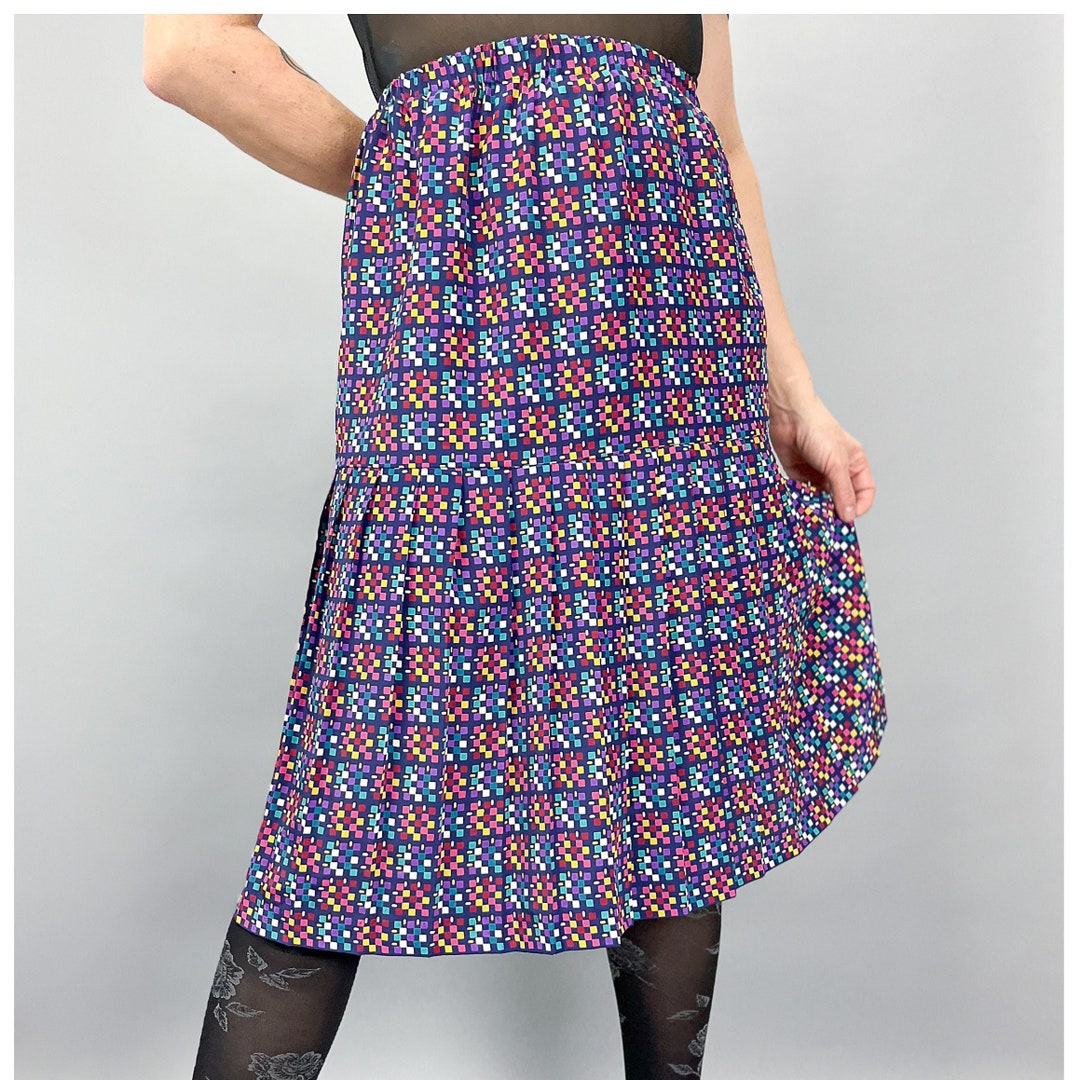 Vintage Pleated Skirt | 90's Multi Color Busy Square Print Drop Waist ...