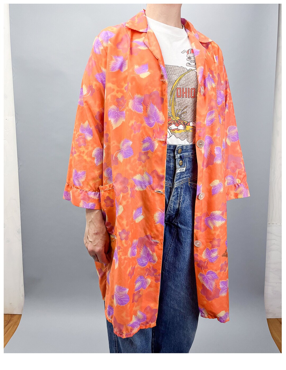 Vintage Chore Jacket 60's Retro Orange Botanical Leaf Print Cleaning ...