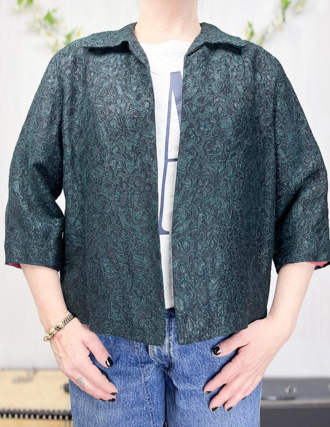 Vintage Metallic Blazer 50's Black & Turquoise Floral Pattern Women's ...