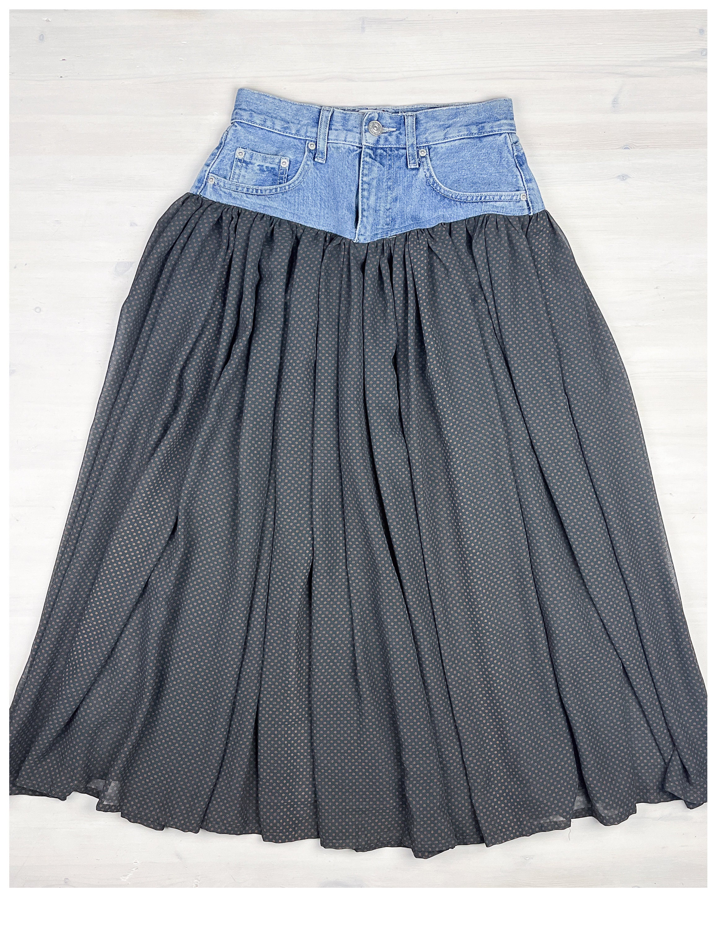 Maxi Broom Skirt | Upcycled Denim & Sheer Gathered Chiffon Skirt, Micro ...
