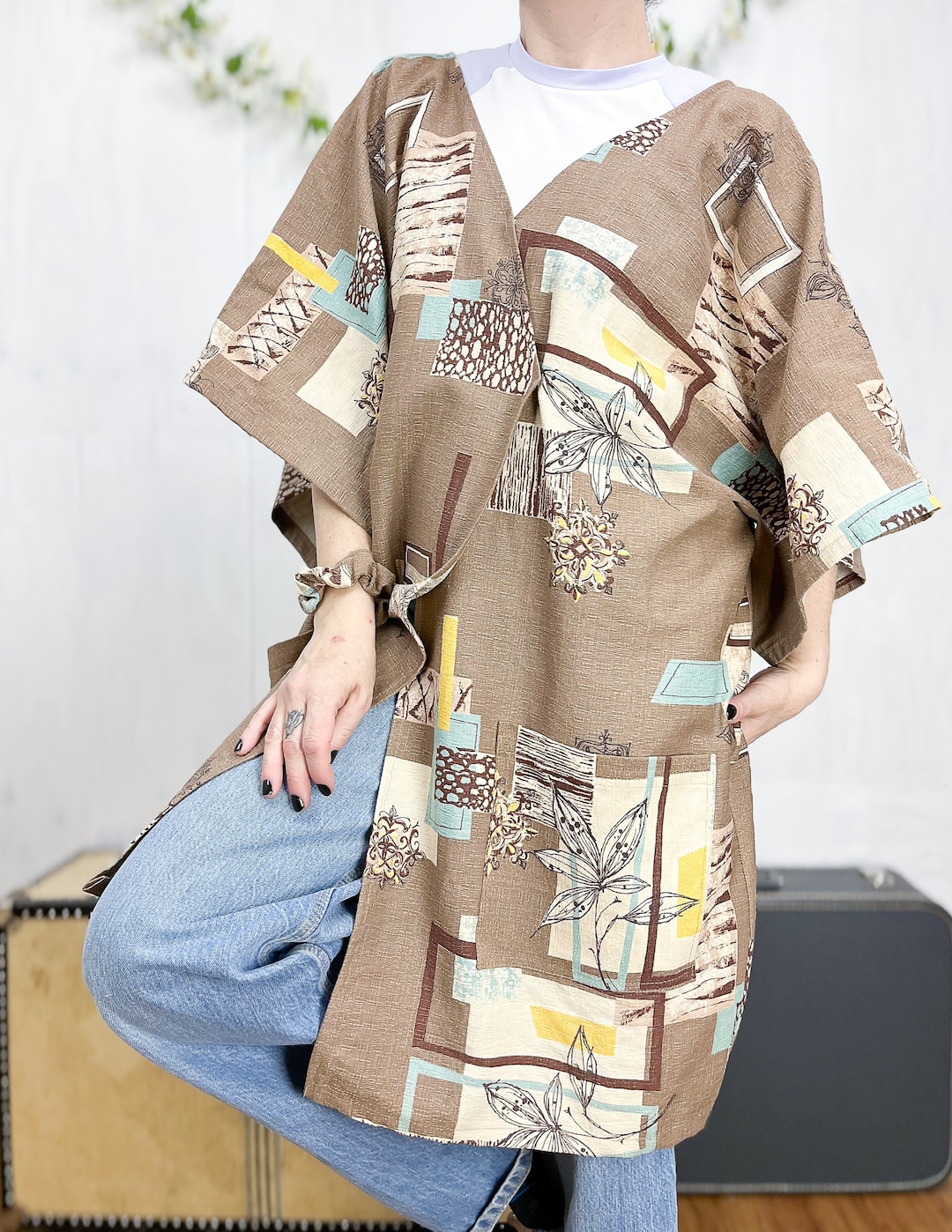 Upcycled Oversized Robe Upcycled Vintage Bark Cloth Cover up Duster ...