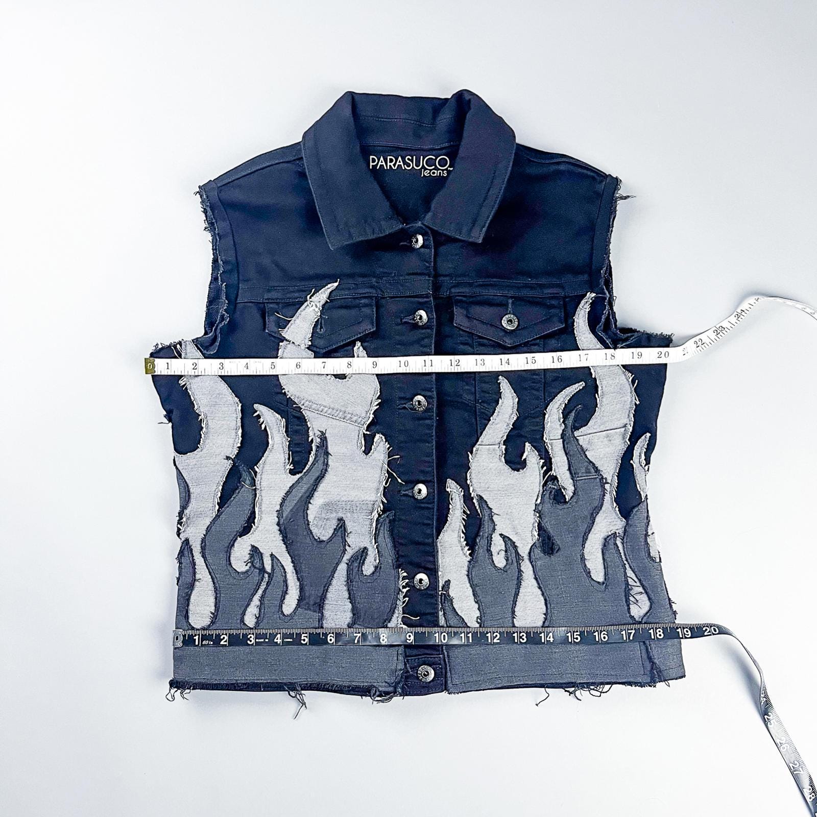 Frayed Flame Appliqué Denim Jacket Vest – Upcycled Two-tone Statement ...