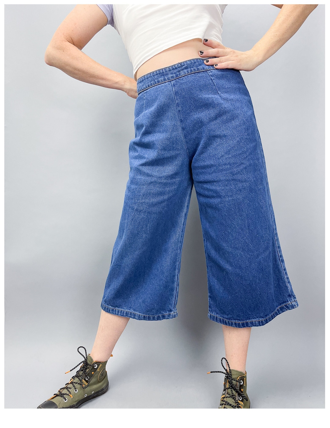 Vintage Denim Capri Pants 80's High Rise Women's Denim Coulottes Wide ...