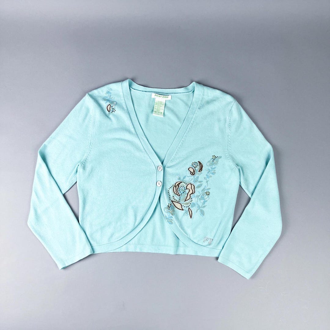 Y2K Crop Cardigan, Point Zero Light Blue Embroidered Button up Sweater ...