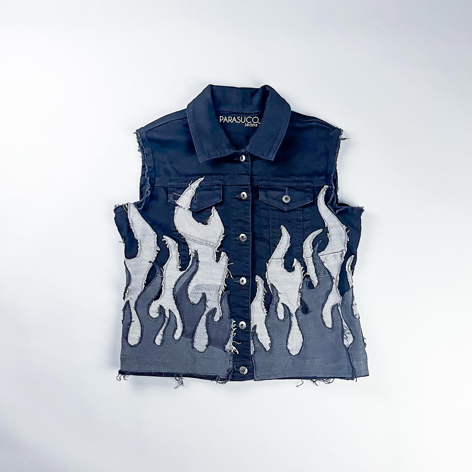 Frayed Flame Appliqué Denim Jacket Vest – Upcycled Two-tone Statement ...