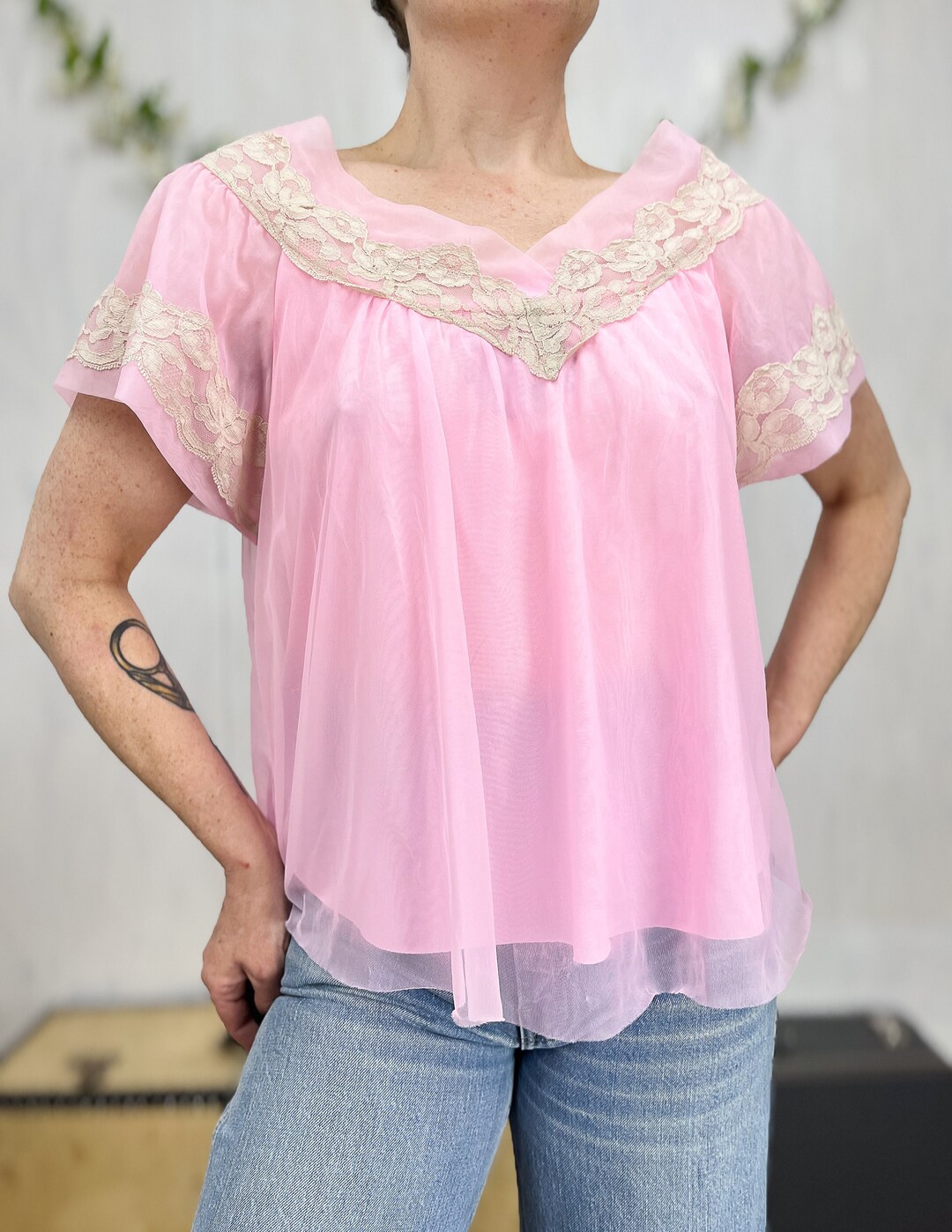 Vintage Babydoll Top 60's Pink Billowy Lingerie Blouse With Lace Trim ...