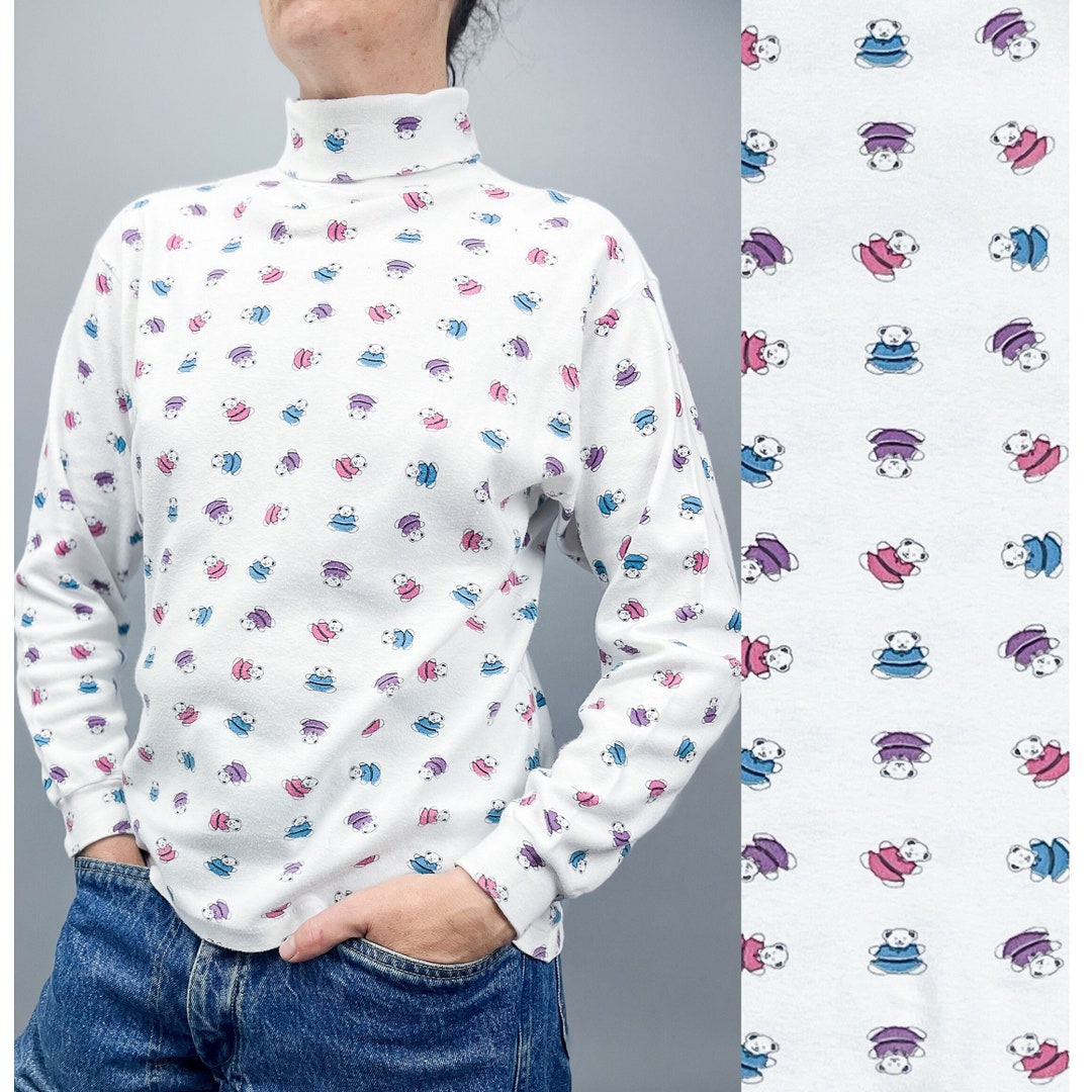 Vintage Turtleneck Top | 90's White Turtleneck With Teddy Bear Print ...