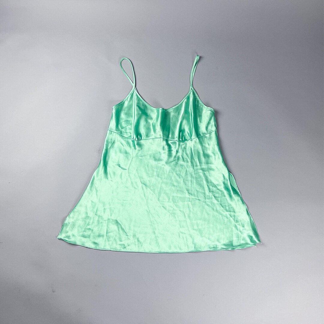 Vintage Satin Slip | 90's Lime Green Flowy Short Slip, Tie Back Waist ...