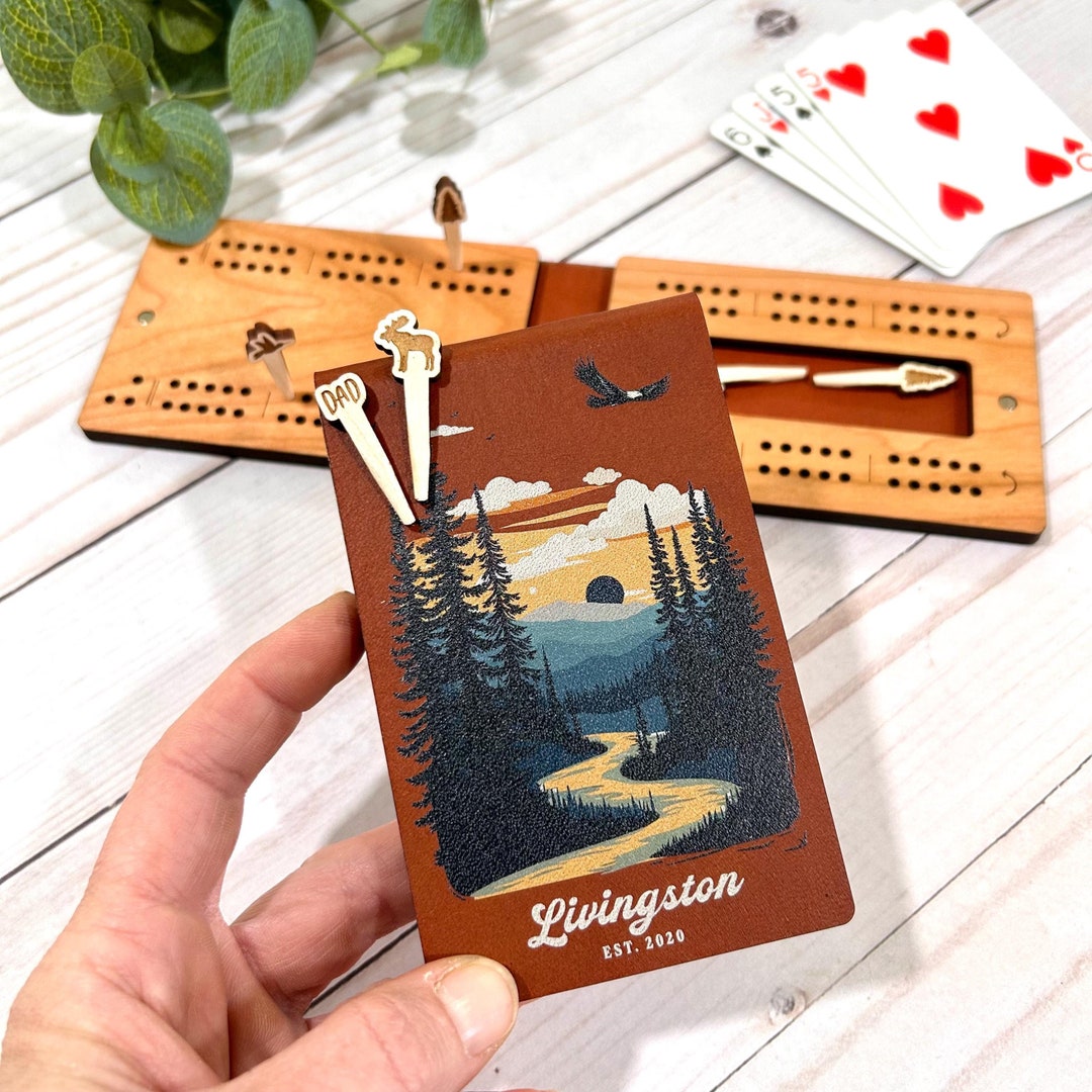 Leather Folding Travel Cribbage Board With Colored Mountain Scene ...