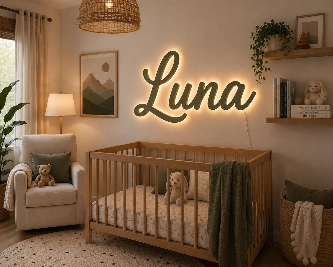 Personalized LED Name Sign, Custom Nursery Wall Light, Wooden Script ...