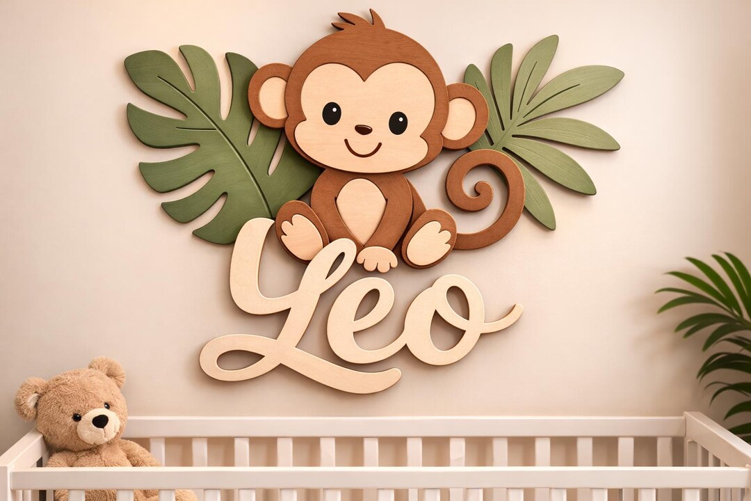 Personalized Monkey Name Sign, Jungle Nursery Wall Art, Wooden Baby ...