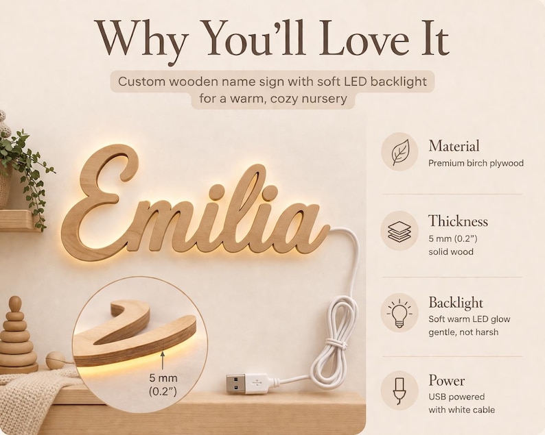 Custom LED Name Sign: Wooden Cursive Script Nursery Decor (warm Halo ...
