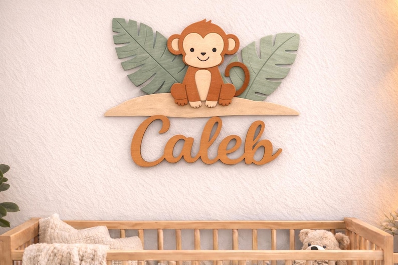 Personalized Monkey Name Sign, Jungle Nursery Wall Art, Wooden Baby ...