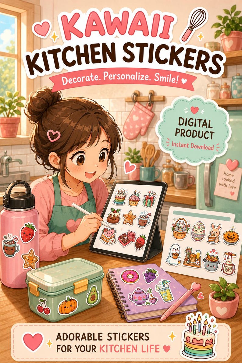 Kawaii Kitchen Stickers | Recipe Journal, Planner Decor (digital ...