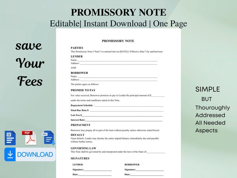 Editable Promissory Note Template Word & PDF, Printable Loan Agreement ...