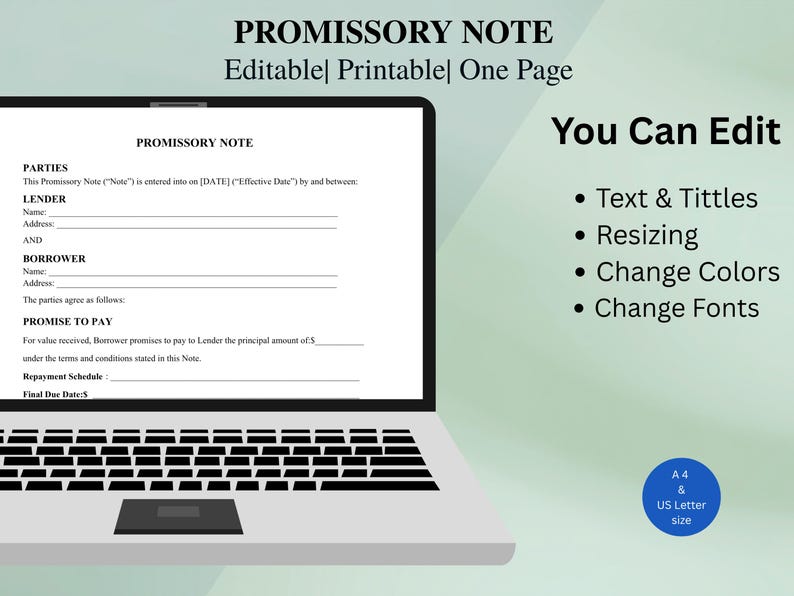 Editable Promissory Note Template Word & PDF, Printable Loan Agreement ...