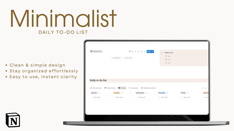 Minimalist Daily To-do List Notion Template, Clean Productivity Planner ...