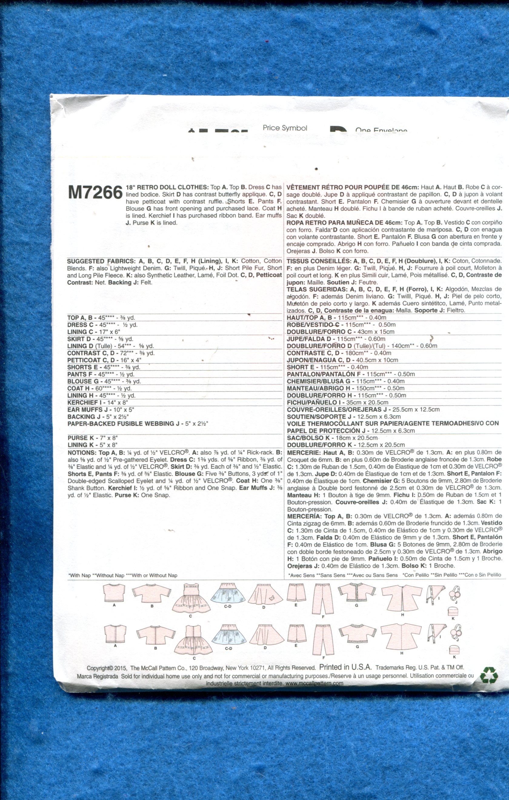 Mccall's 7266 Retro Inspired Doll Clothes Pattern Size 18 Inch Dolls ...