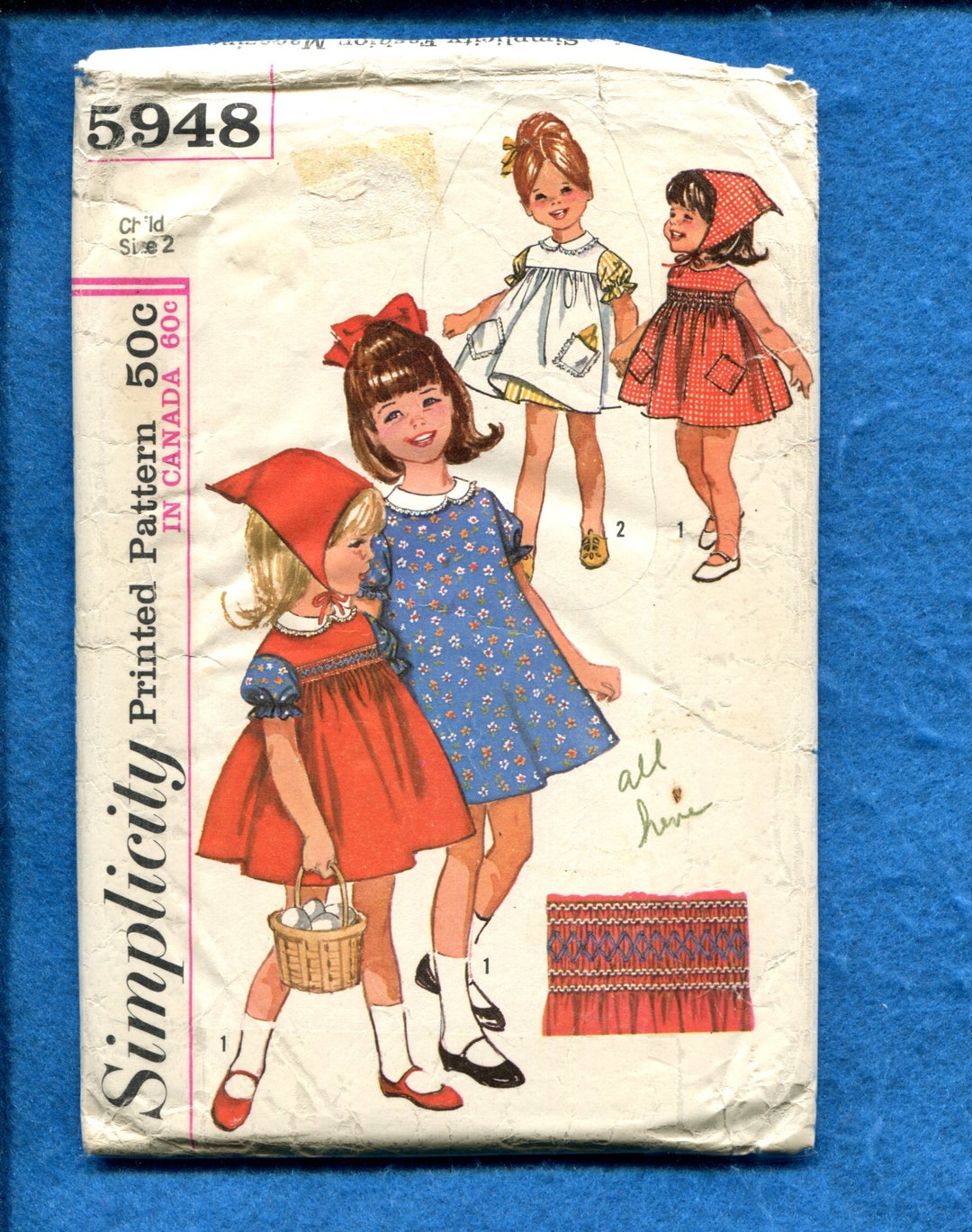 1960's Simplicity 5948 Puff Sleeve Dress & Smocked Pinafore Pattern ...