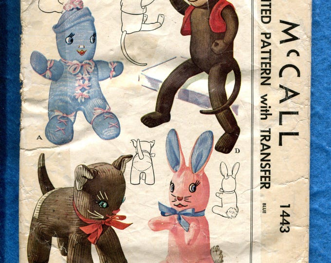 1940's Mccall's 1443 Sock Monkey Cat Doll & Bunny Stuffed Animals ...