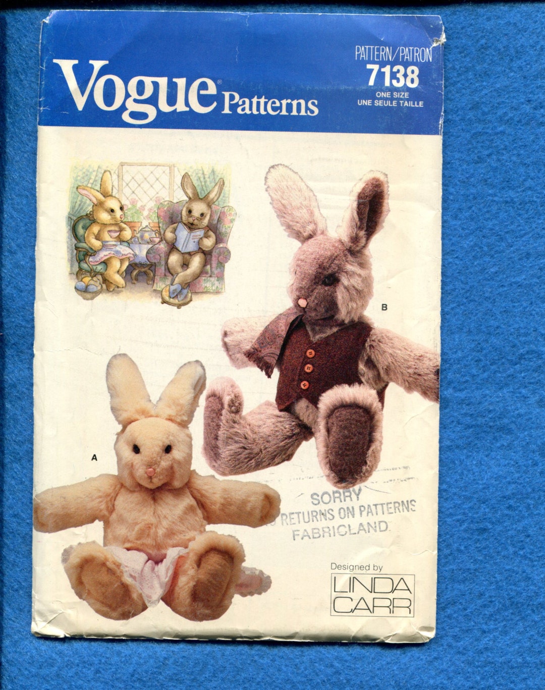 Vogue 7138 Bunny Rabbit Stuffed Animal Sewing Pattern Size 28 Inches ...