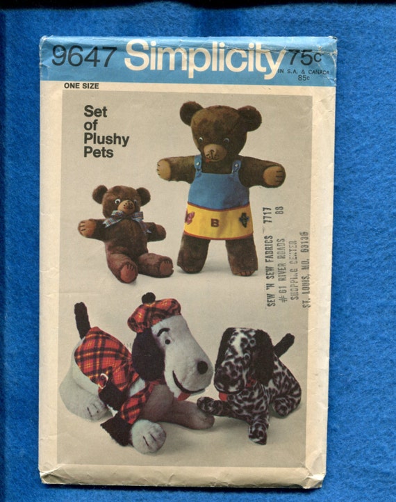1971 Simplicity 9647 Classic Teddy Bears and Dogs in Two Sizes | Etsy