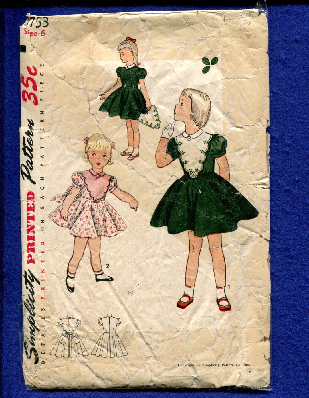 1940's Simplicity 3753 Classic Little Girl's Puff Sleeve Dress Pattern ...