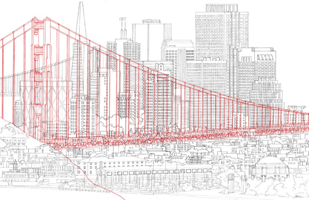 11 X 17 Line Drawing of San Francisco Skyline With Golden Gate Bridge ...