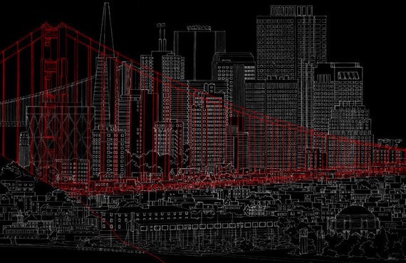 11 X 17 Line Drawing of San Francisco Skyline With Golden Gate - Etsy