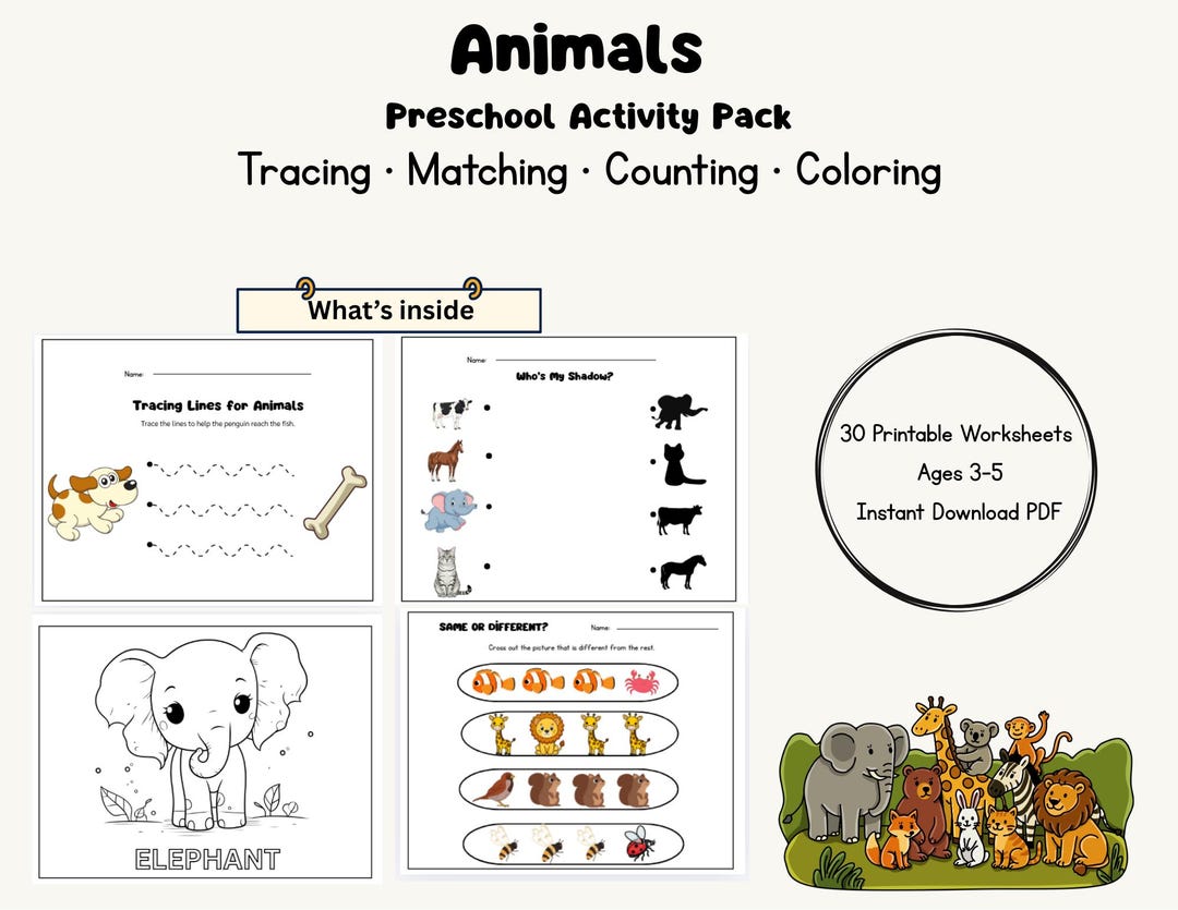 Preschool Animal Activity Pack | Tracing, Matching, Counting Worksheets ...