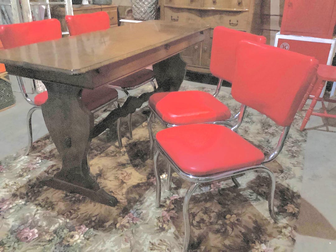 Chairs Red Vinyl Chrome 1950 Kitchen Dining Set - Etsy