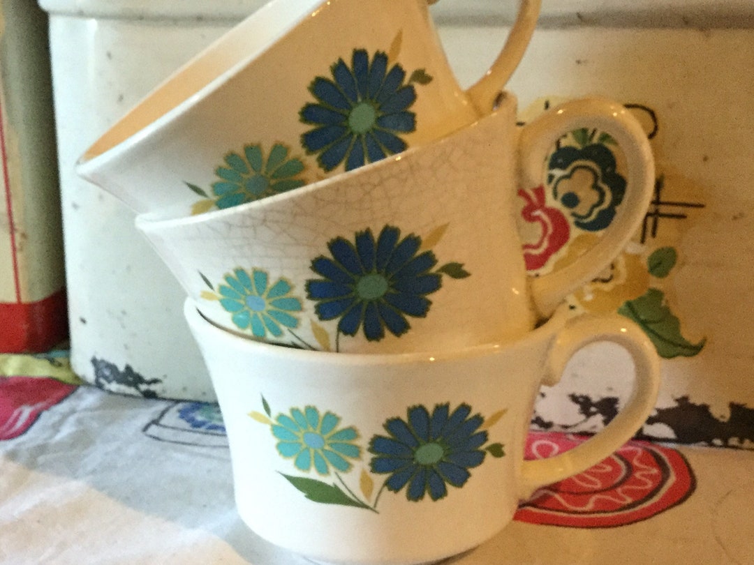 Tea Cups Blue Daisy Pottery Mid Century Set - Etsy