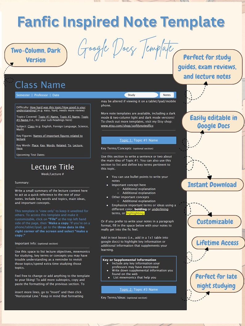 Fanfic Inspired Dark Mode Two-column Notes Template | Google Docs Study ...