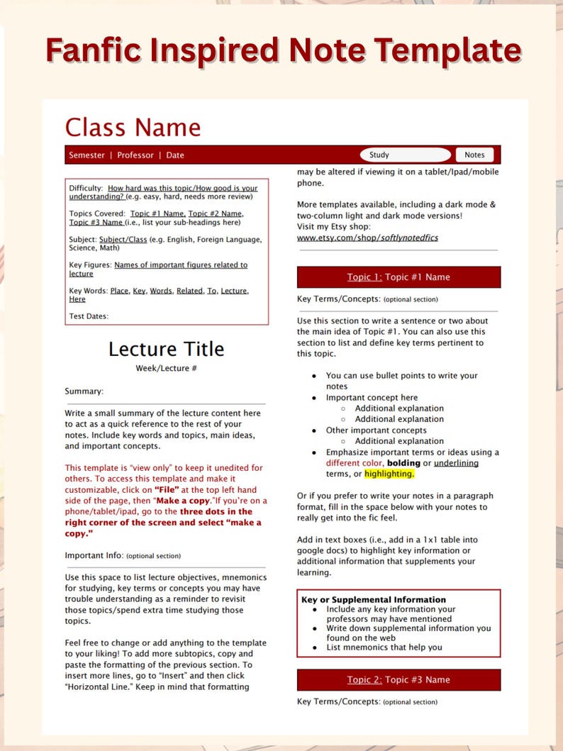Fanfic Inspired Light Notes Template | Two Column Study Notes Template ...