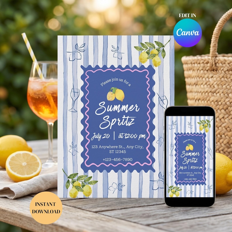 Lemon Summer Spritz Invitation Template, Citrus Cocktail Party Invite ...